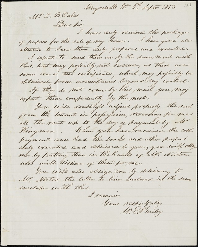 W. E. Bailey, Waynesville, Ga., autograph letter signed to Ziba B ...
