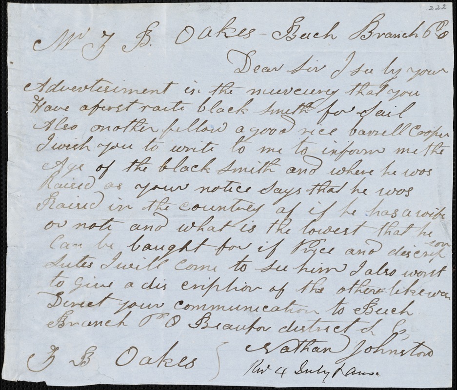 Nathan Johnston, Beech Branch, Tenn., autograph letter signed to Ziba B ...