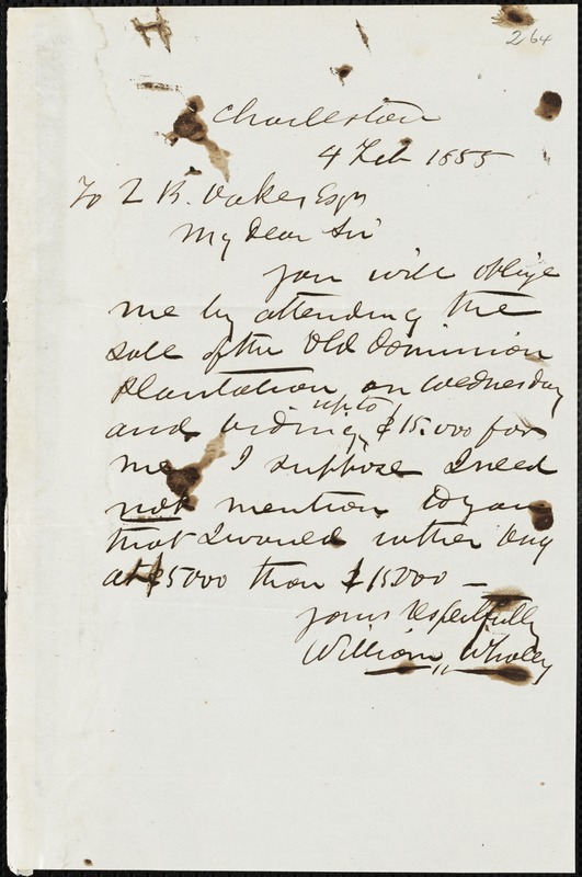 William Whaley, Charleston, S.C., autograph letter signed to Ziba B ...