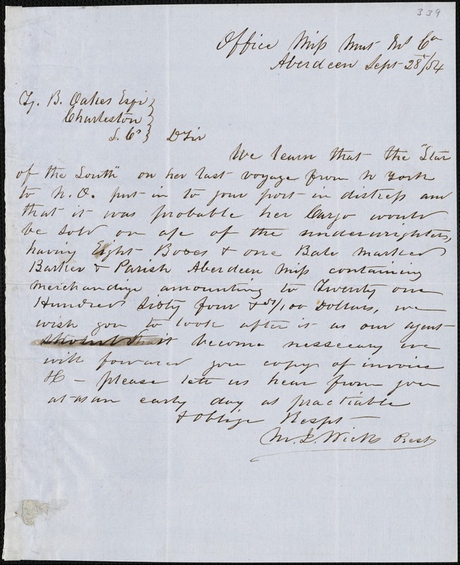 Mississippi Merchant Insurance Co. manuscript letter signed to M.I ...