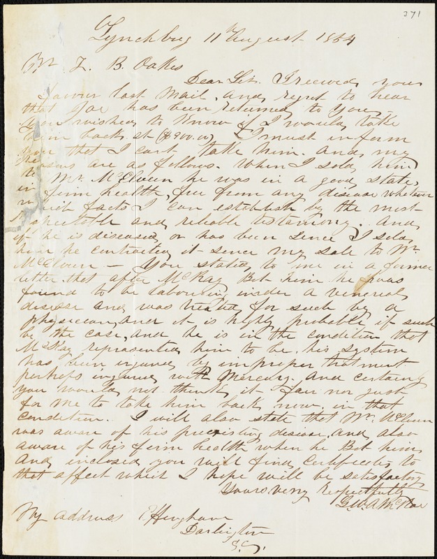 G.W.A. McRae, Lynchburg, Va., autograph letter signed to Ziba B. Oakes ...