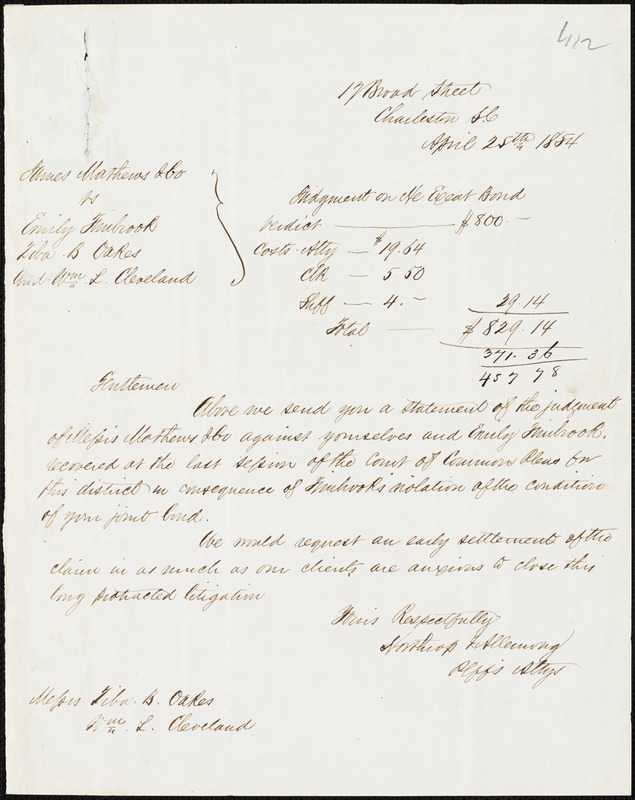Northrop & Allemong, Charleston, S.C., manuscript letter signed to Ziba ...