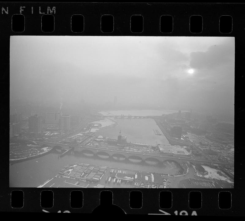 Air pollution over Charles River Basin aerial view, downtown Boston ...