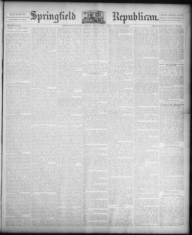 Springfield Weekly Republican. December 09, 1892 - Digital Commonwealth