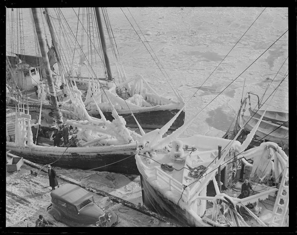 Ice clad trawler Fordham to right, schooners Ingomar and Rainbow to ...