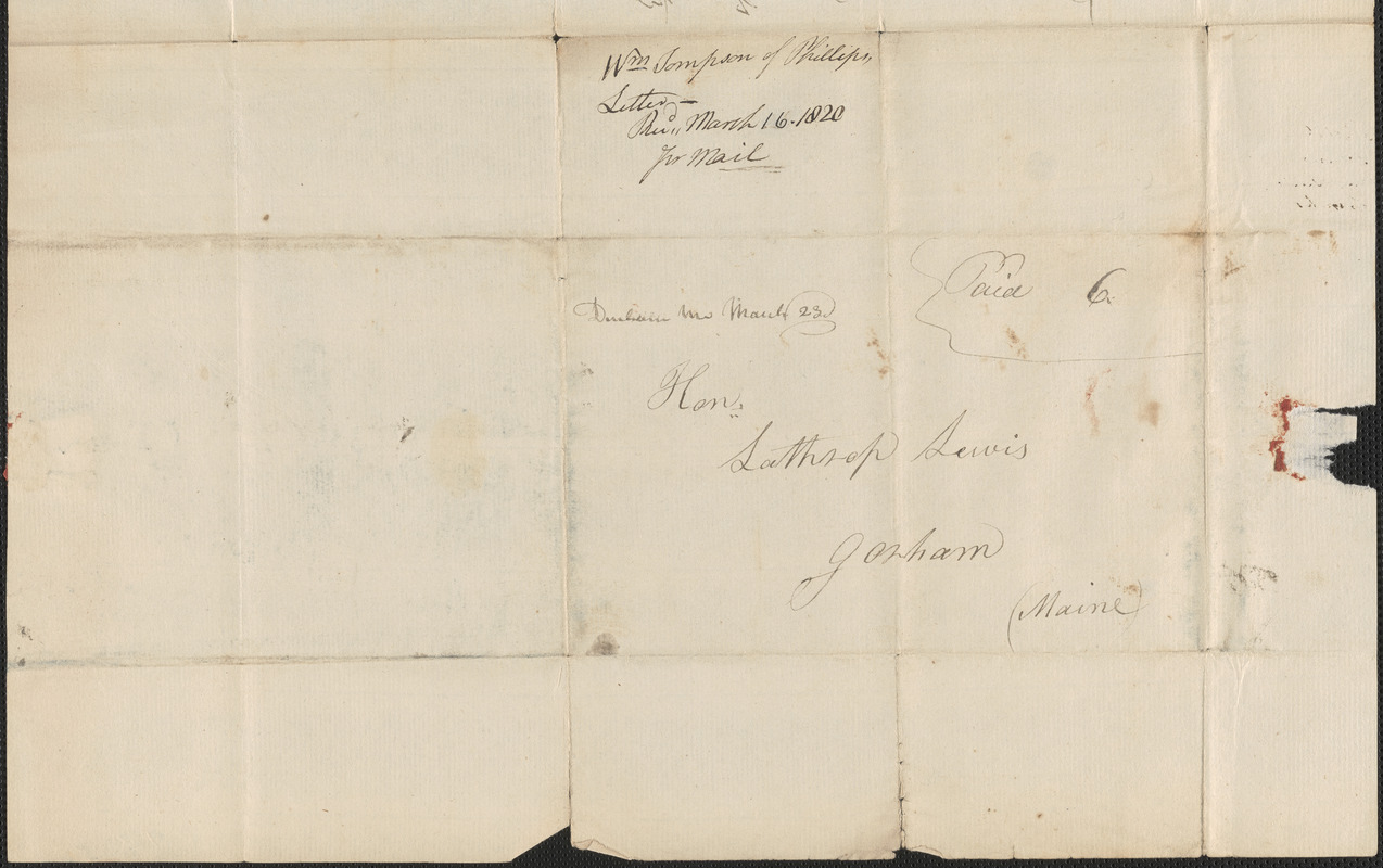 William Thompson to Lothrop Lewis, 16 March 1820 - Digital Commonwealth