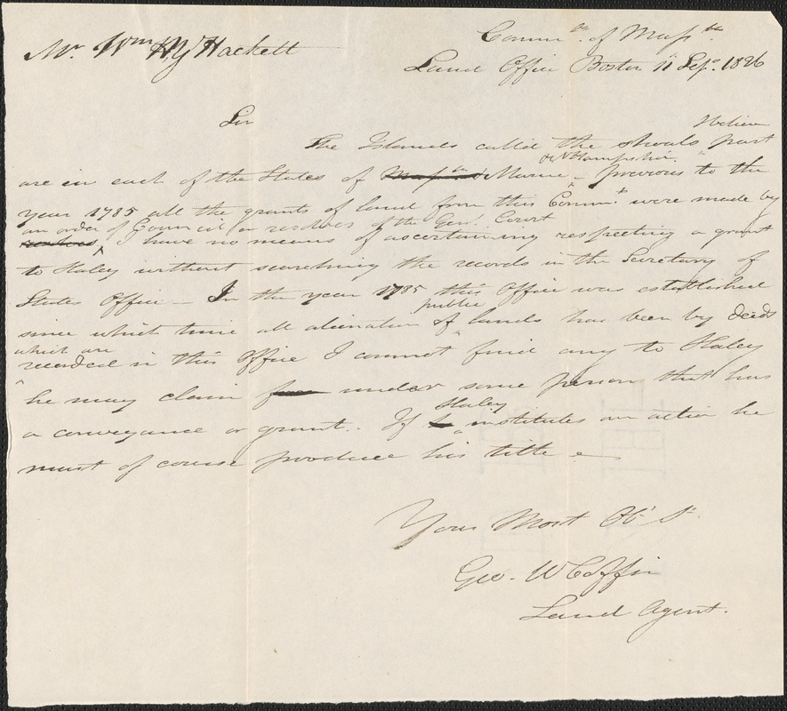 George Coffin to William Hackett, 11 September 1826 - Digital Commonwealth