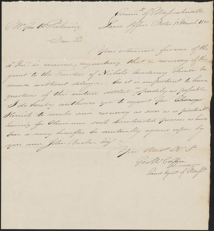 George Coffin to George Pickering, 13 March 1830 - Digital Commonwealth