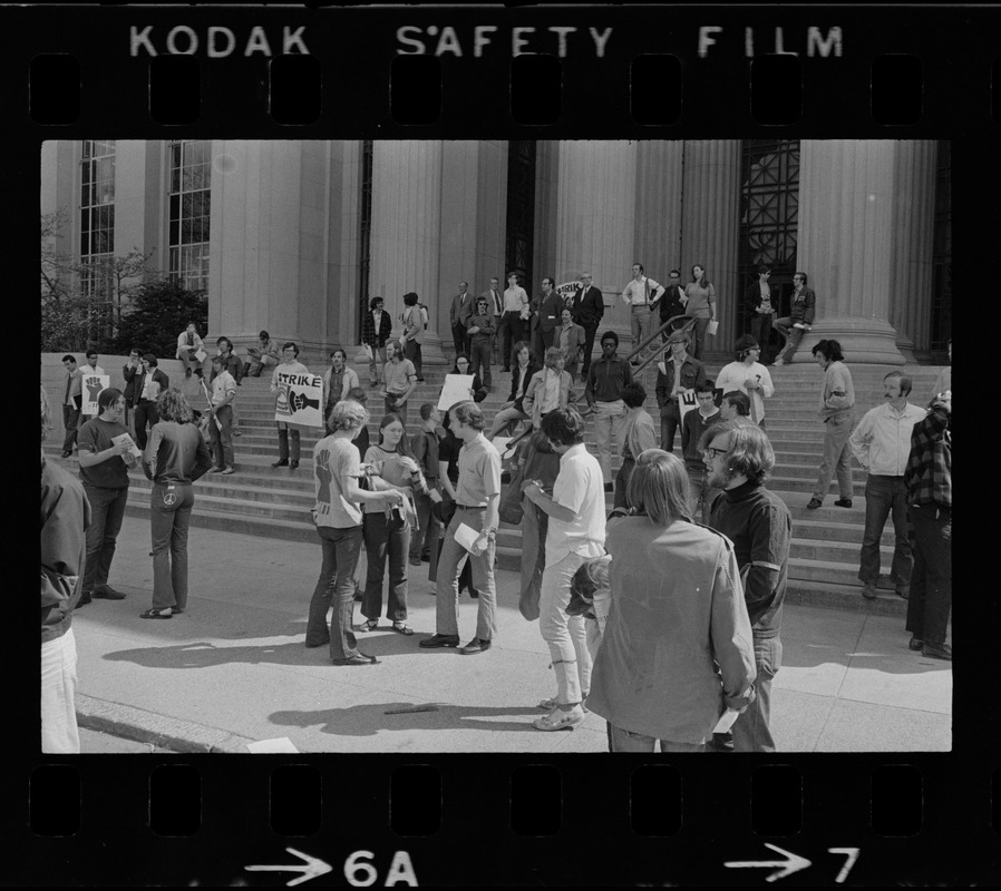 MIT student protesters demonstrating outside on entrance steps ...