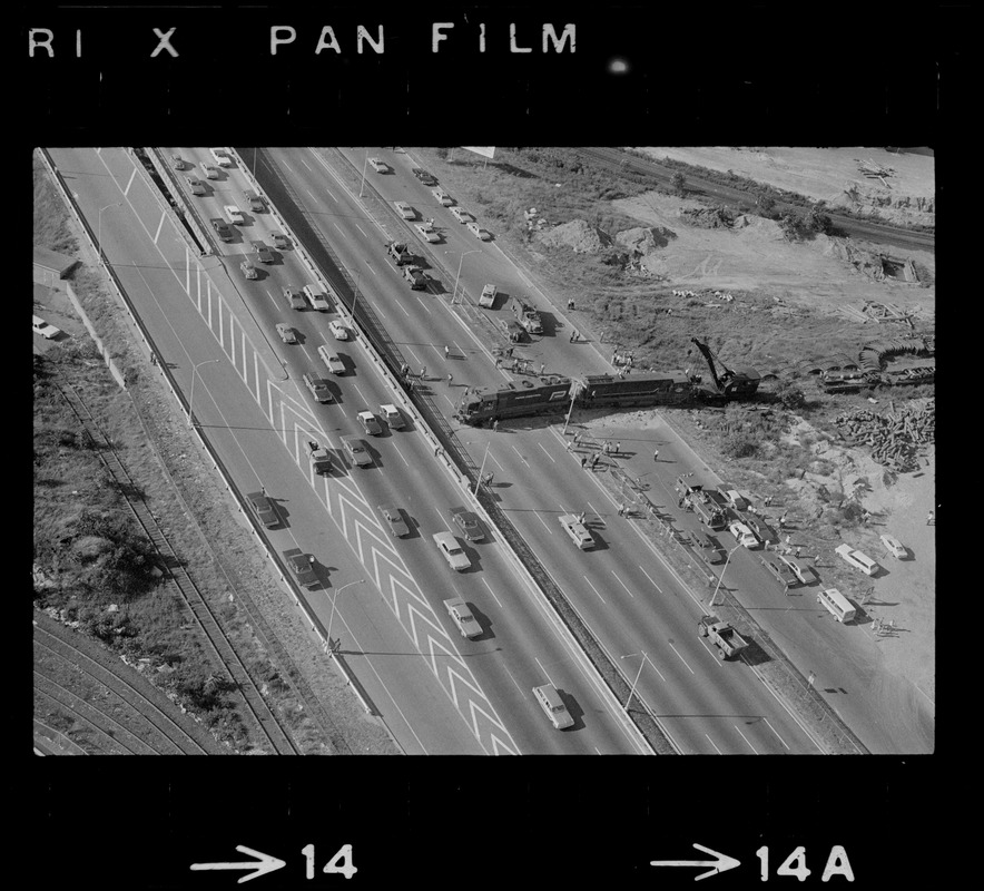 View of Southeast Expressway after runway train blocks the northbound ...