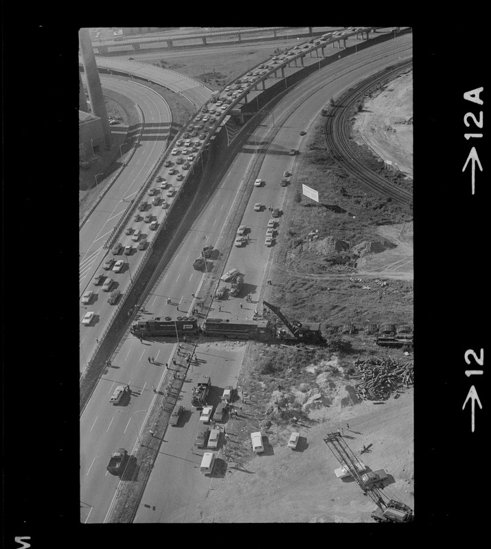 Runaway Penn Central locomotives block most of the Northbound lane of ...