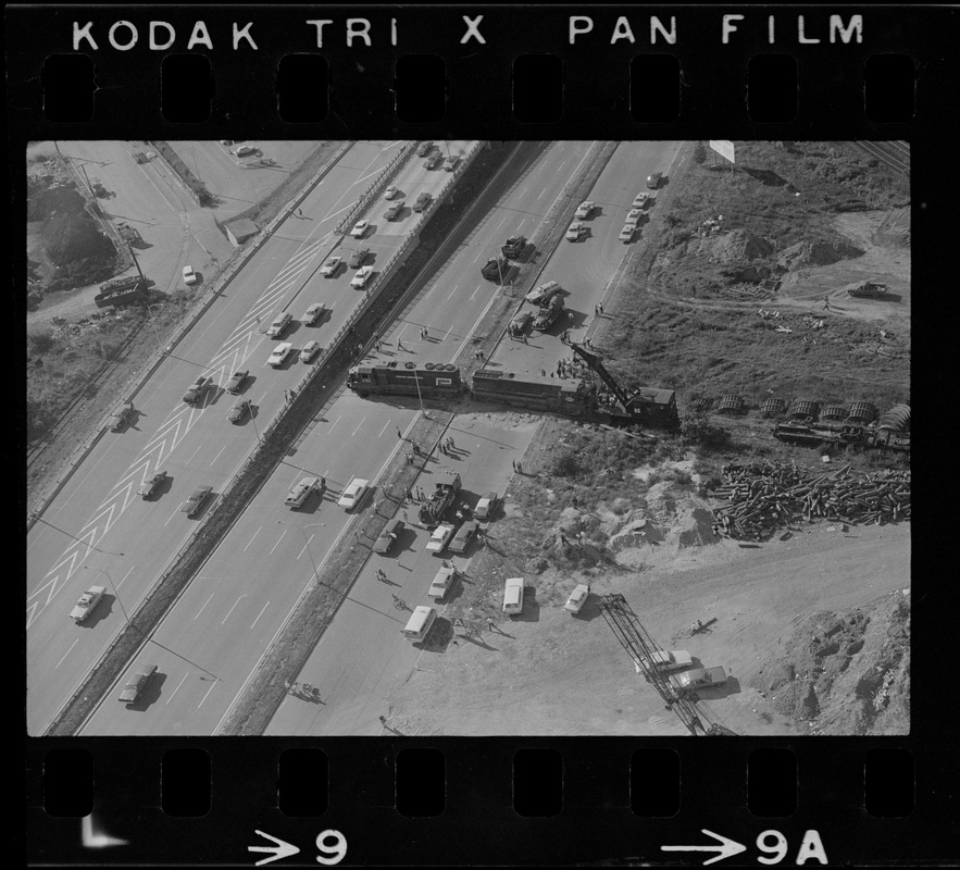 Runaway Penn Central locomotives block most of the Northbound lane of ...