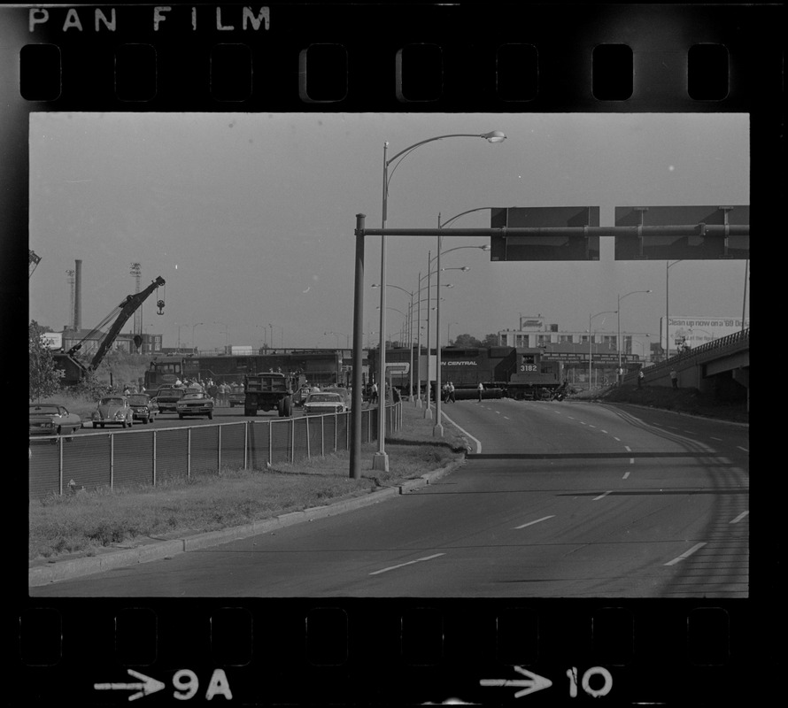 Runaway Penn Central locomotives block most of the Northbound lane of ...