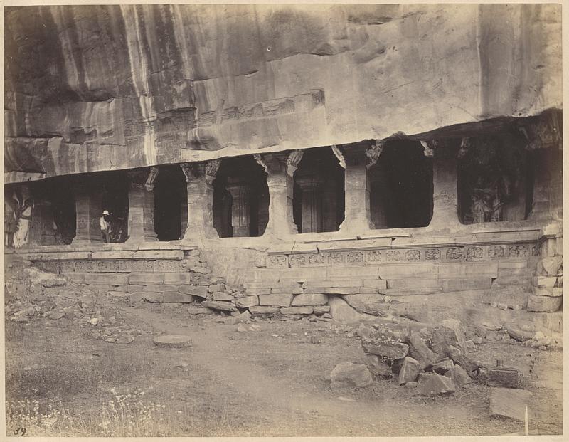 View from the north-west of the entrance to Cave III, Badami, Bijapur ...