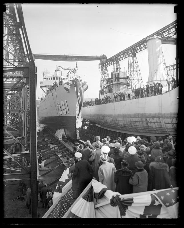USS Clark (DD-361) launching from Fore River Shipyard in front of ...