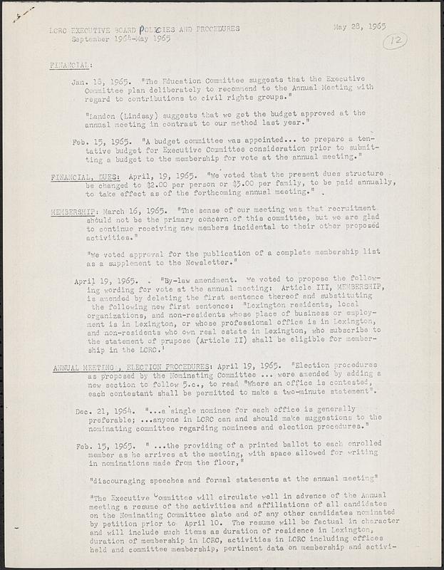 LCRC Executive Board Policies and Procedures, September 1964-May 1965 ...