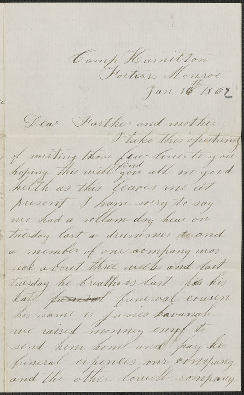 Letter from John Jubb, Camp Hamilton, Fortress Monroe, to Thomas and ...