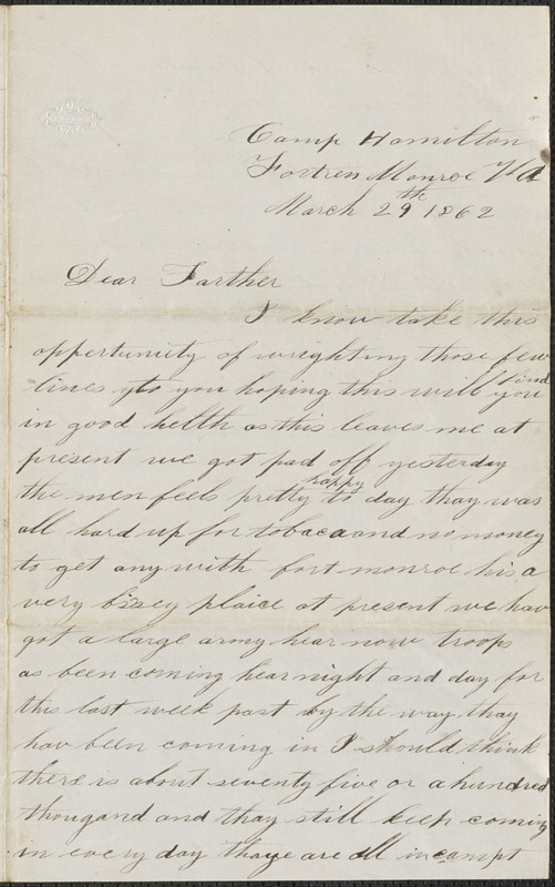 Letter from John Jubb, Camp Hamilton, Fortress Monroe Va., to Thomas ...