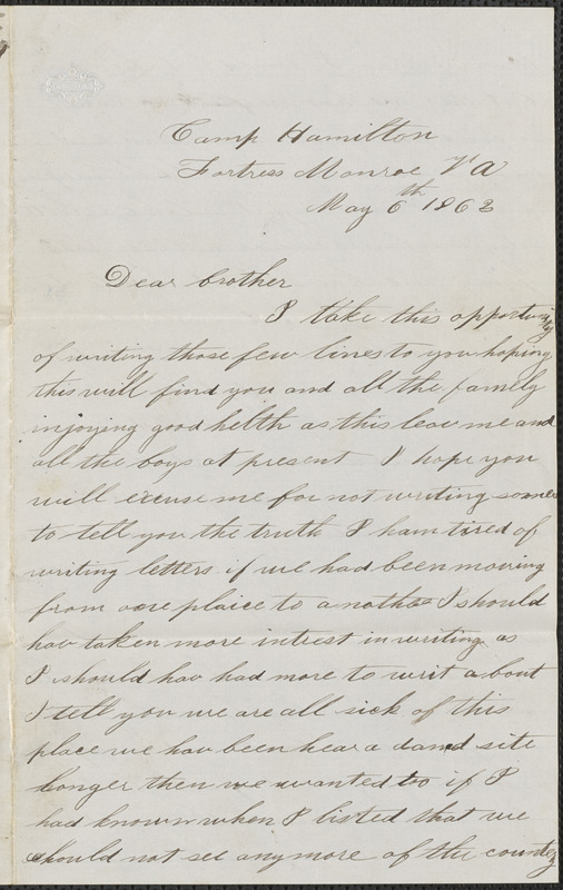 Letter from John Jubb, Camp Hamilton, Fortress Monroe Va., to William ...