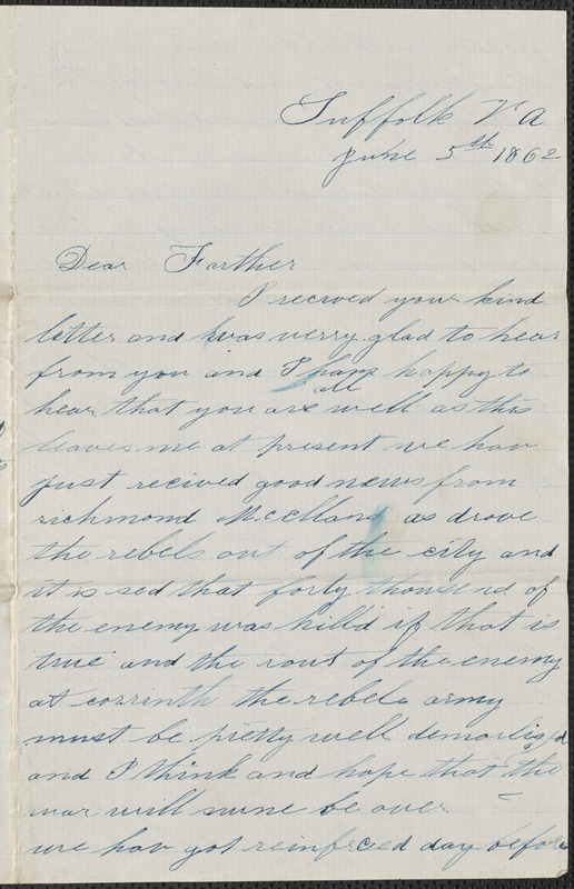 Letter from John Jubb, Suffolk Va., to Thomas Jubb, West Chelmsford ...