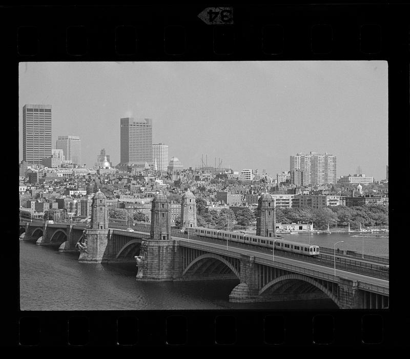 Train on Longfellow Bridge, downtown Boston - Digital Commonwealth