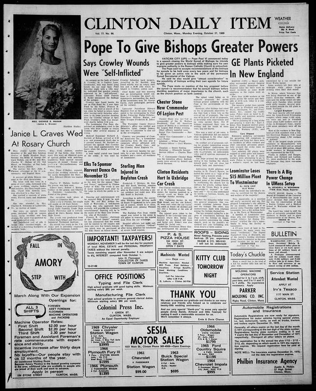Clinton Daily Item. October 27, 1969 - Digital Commonwealth