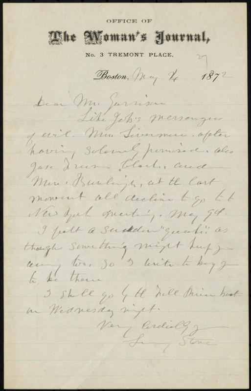 Letter from Lucy Stone, Office of The Woman's Journal, No. 3 Tremont ...