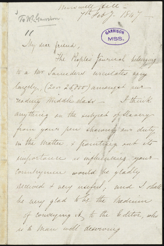 Letter from William Henry Ashurst, Muswell Hill, [England], to William ...