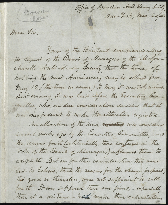 Letter from James Gillespie Birney, Office of American Anti-Slavery ...
