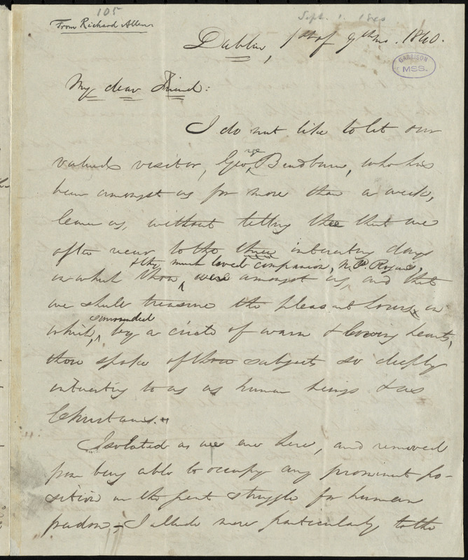 Letter from Richard Allen, Dublin, [Ireland], to William Lloyd Garrison ...