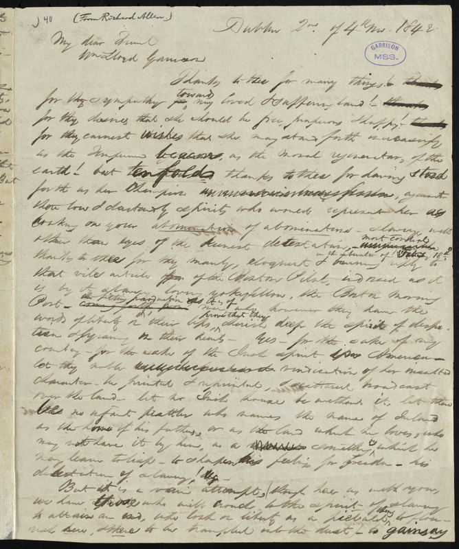 Letter from Richard Allen, Dublin, [Ireland], to William Lloyd Garrison ...