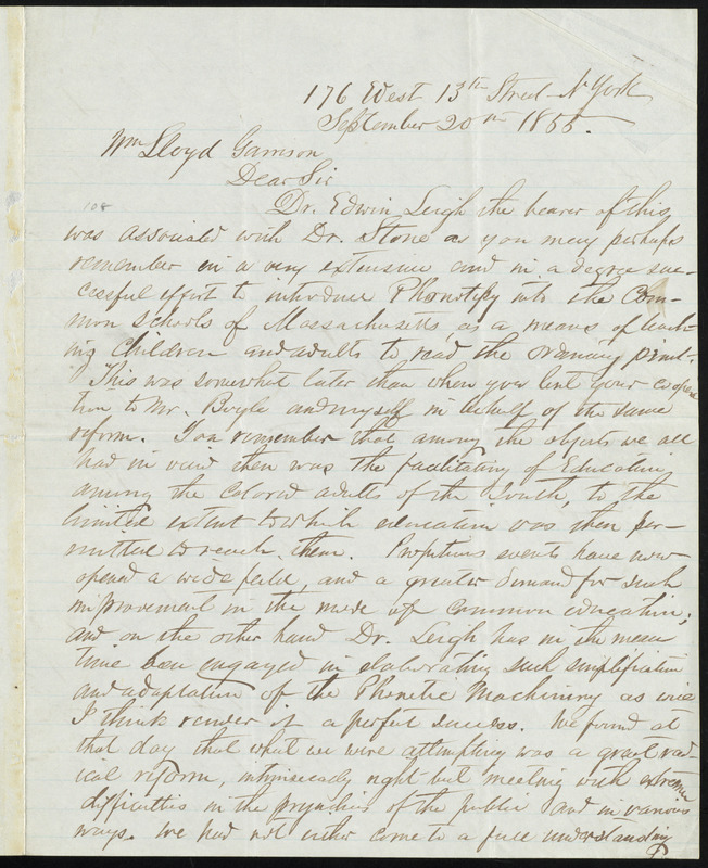 Letter from Stephen Pearl Andrews, 176 West 13th Street, N[ew] York, to ...