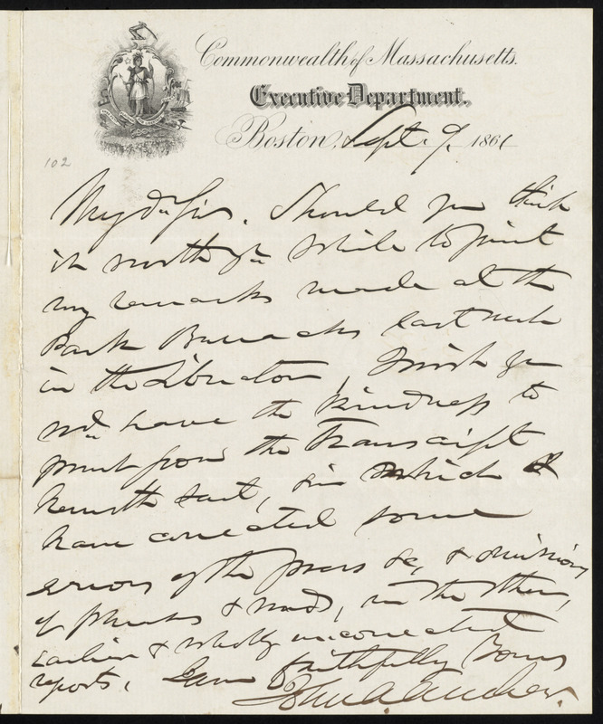 Letter from John A. Andrew, Commonwealth of Massachusetts, Executive ...