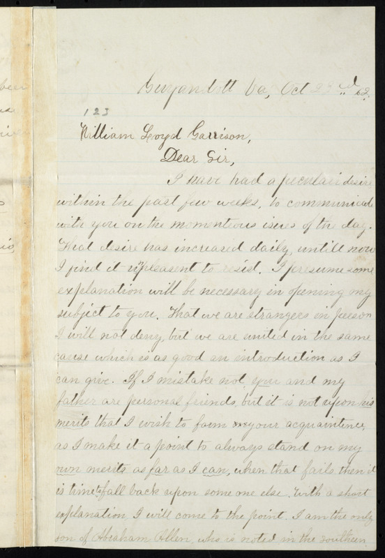 Letter from Jacob H. Allen, Guyandott[e], Va, to William Lloyd Garrison, Oct. 23rd, [18]62 ...