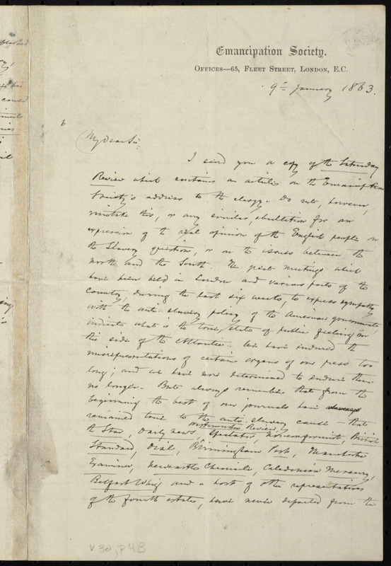 Letter from Frederick William Chesson, Emancipation Society, Offices 65 ...