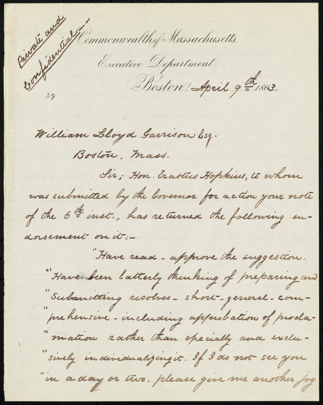 Letter from John A. Andrew, Commonwealth of Massachusetts, Executive ...