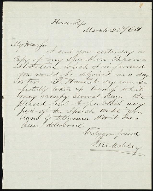 Letter from James Mitchell Ashley, House [of] Rep[resentative]s, to ...