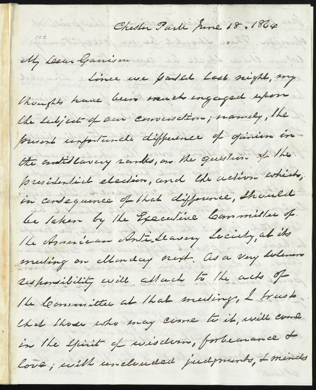 Letter from George Thompson, Chester Park, to William Lloyd Garrison ...