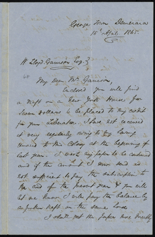 Letter from Henry Bleby, Georgetown, Demerara, to William Lloyd ...