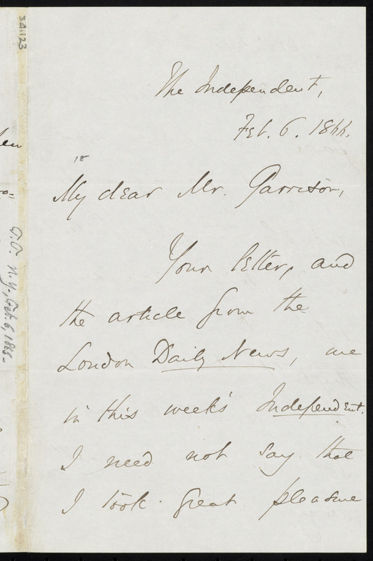 Letter from Theodore Tilton, The Independent, to William Lloyd Garrison ...