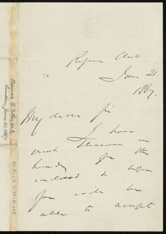 Letter from Thomas Bayley Potter, Reform Club, [London, England], to ...