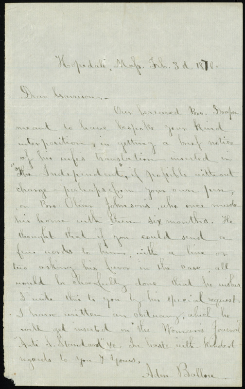 Letter from Adin Ballou, Hopedale, [Mass.], to William Lloyd Garrison ...
