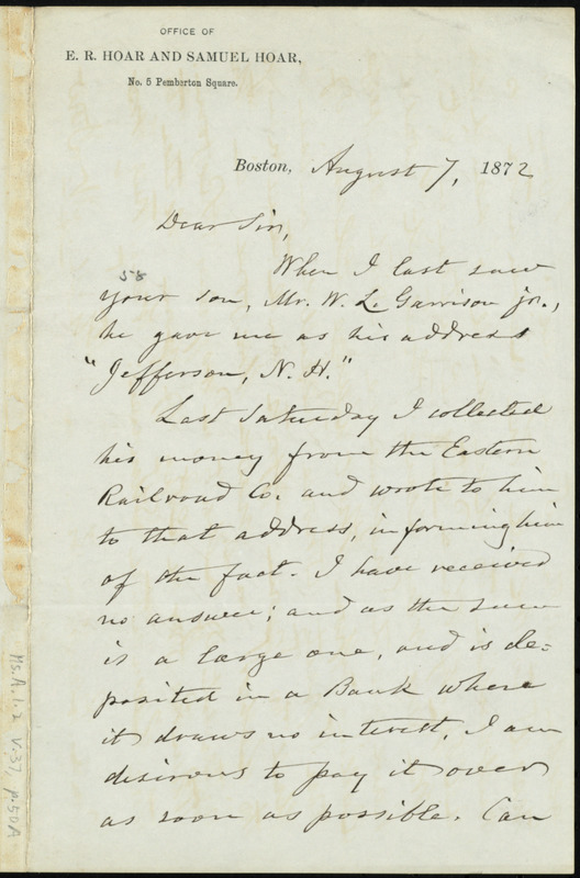 Letter from Ebenezer Rockwood Hoar, Office of E. R. Hoar and Samuel ...