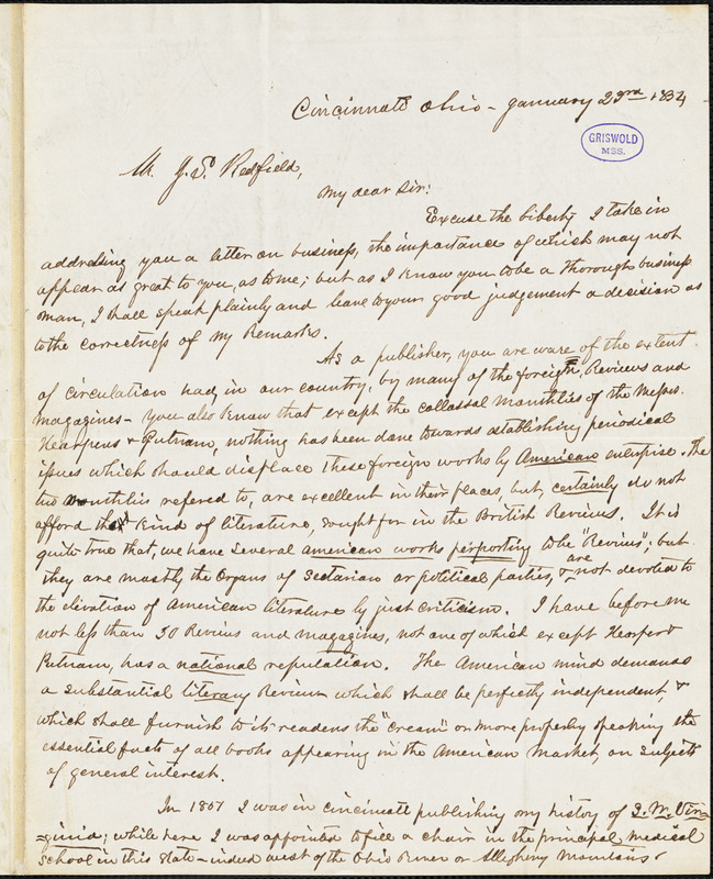 George W. L. Bickely, Cincinnati, OH., autograph letter signed to ...