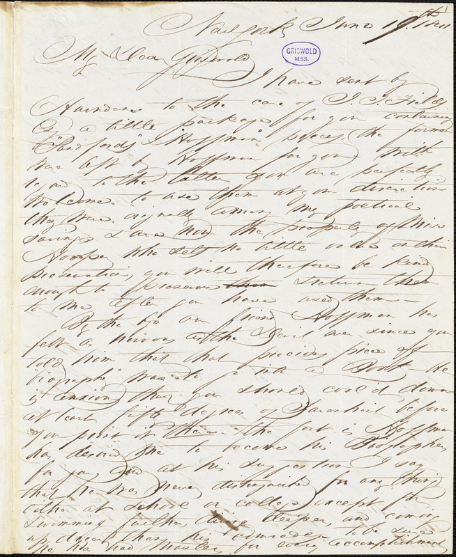 John Keese, New York, autograph letter signed to R. W. Griswold, 19 ...