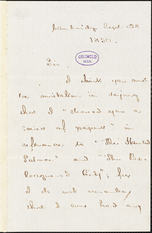 Henry Wadsworth Longfellow, Cambridge, autograph letter signed to [R. W ...