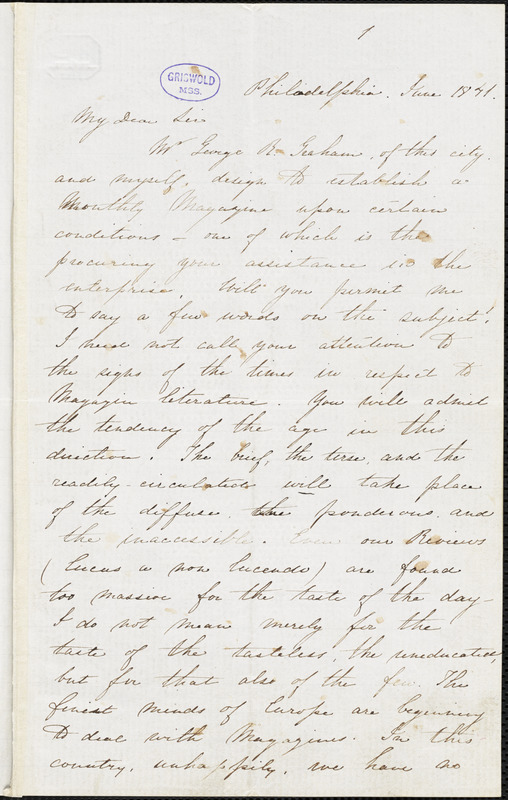 Edgar Allan Poe, Philadelphia, PA., letter signed to John P. Kennedy ...