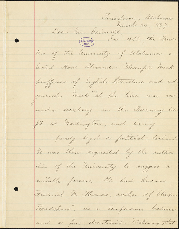 Warfield Creath Richardson, Tuscaloosa, AL., autograph letter signed to ...