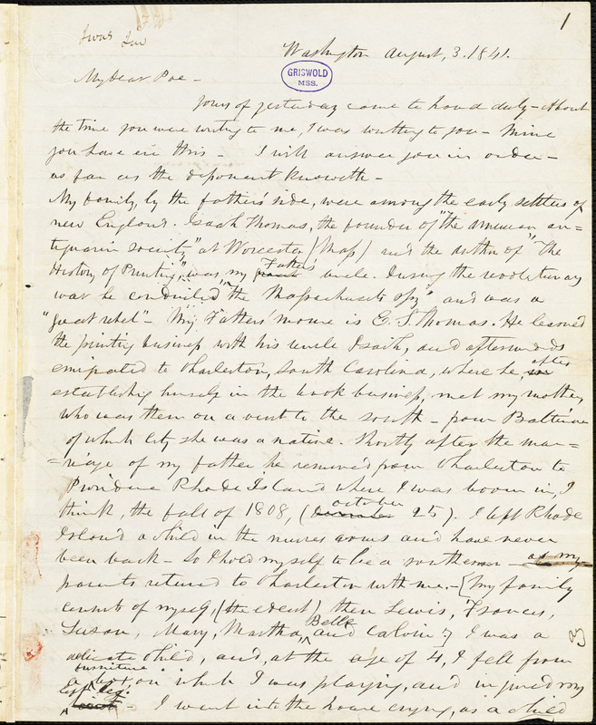 Frederick William Thomas, Washington, DC., autograph letter signed to ...