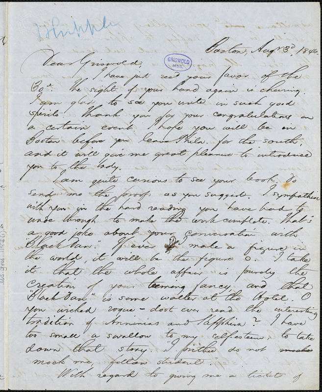 Edwin Percy Whipple, Boston, MA., autograph letter signed to R. W ...